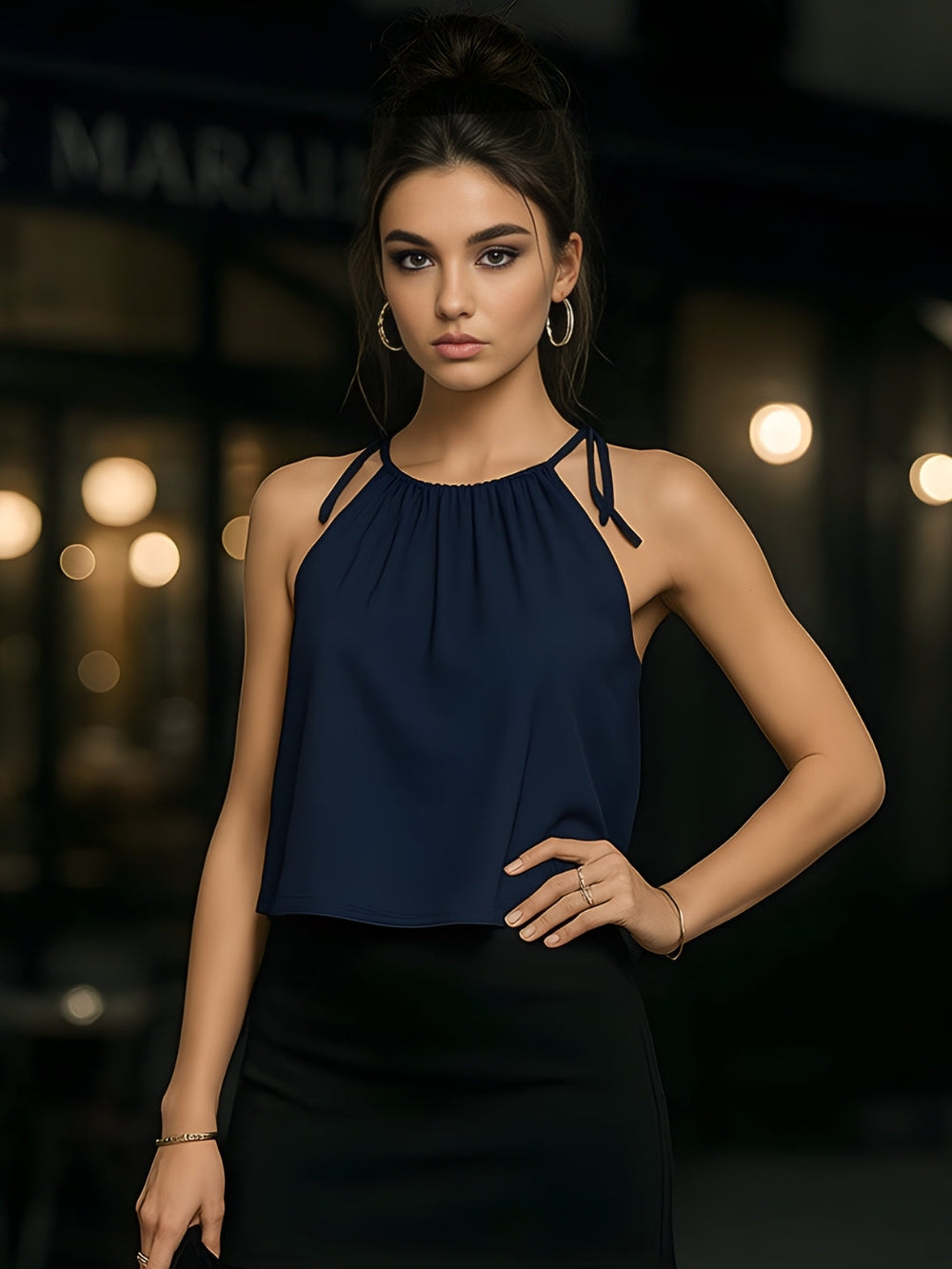 Navy Solid Shoulder Straps Top