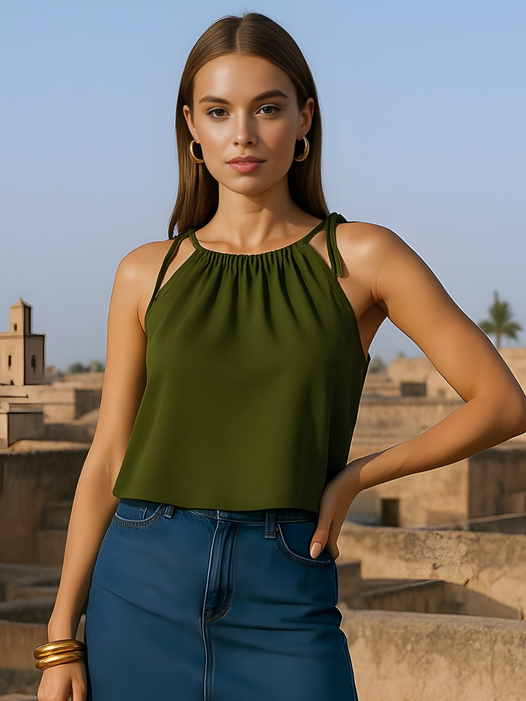 Olive Solid Shoulder Straps Top